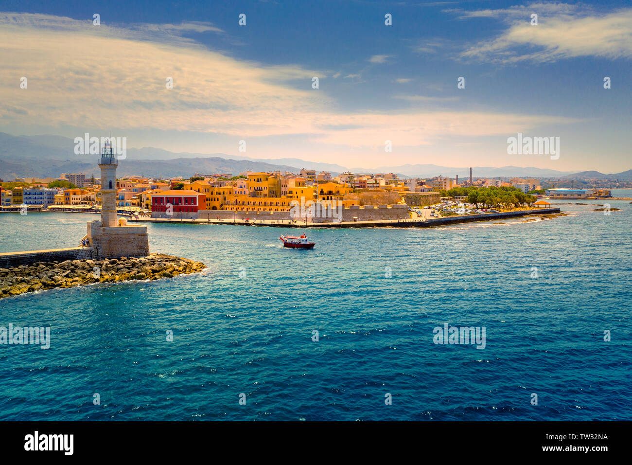 Panorama of the beautiful old harbor of Chania with the amazing ...