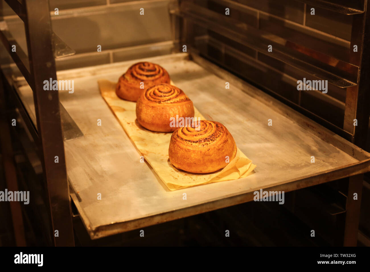 Tray with buns in bakery Stock Photo - Alamy