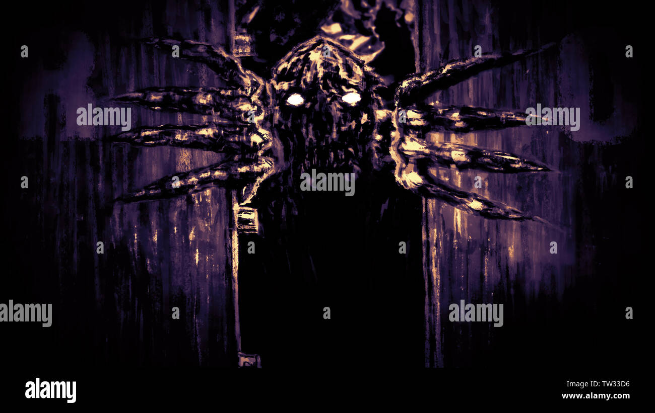 Enraged zombie monster opens bunker doors and growls. Illustration in ...