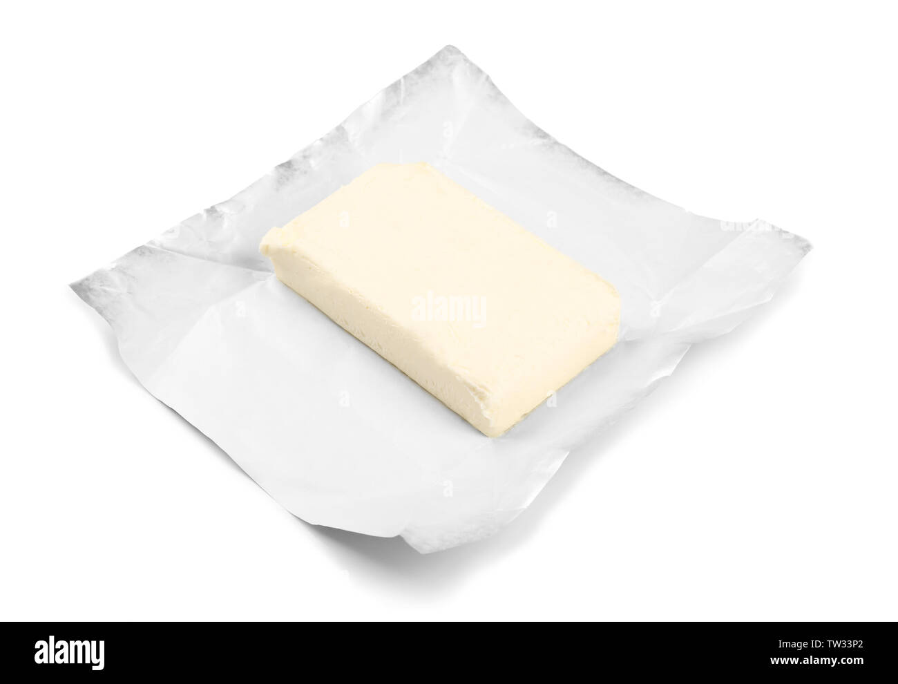 Wrapping with piece of butter on white background Stock Photo - Alamy