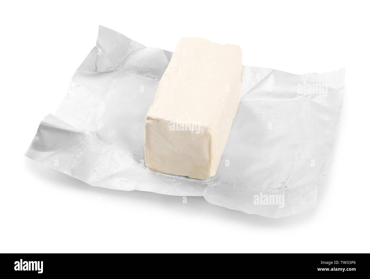 Wrapping with piece of butter on white background Stock Photo - Alamy