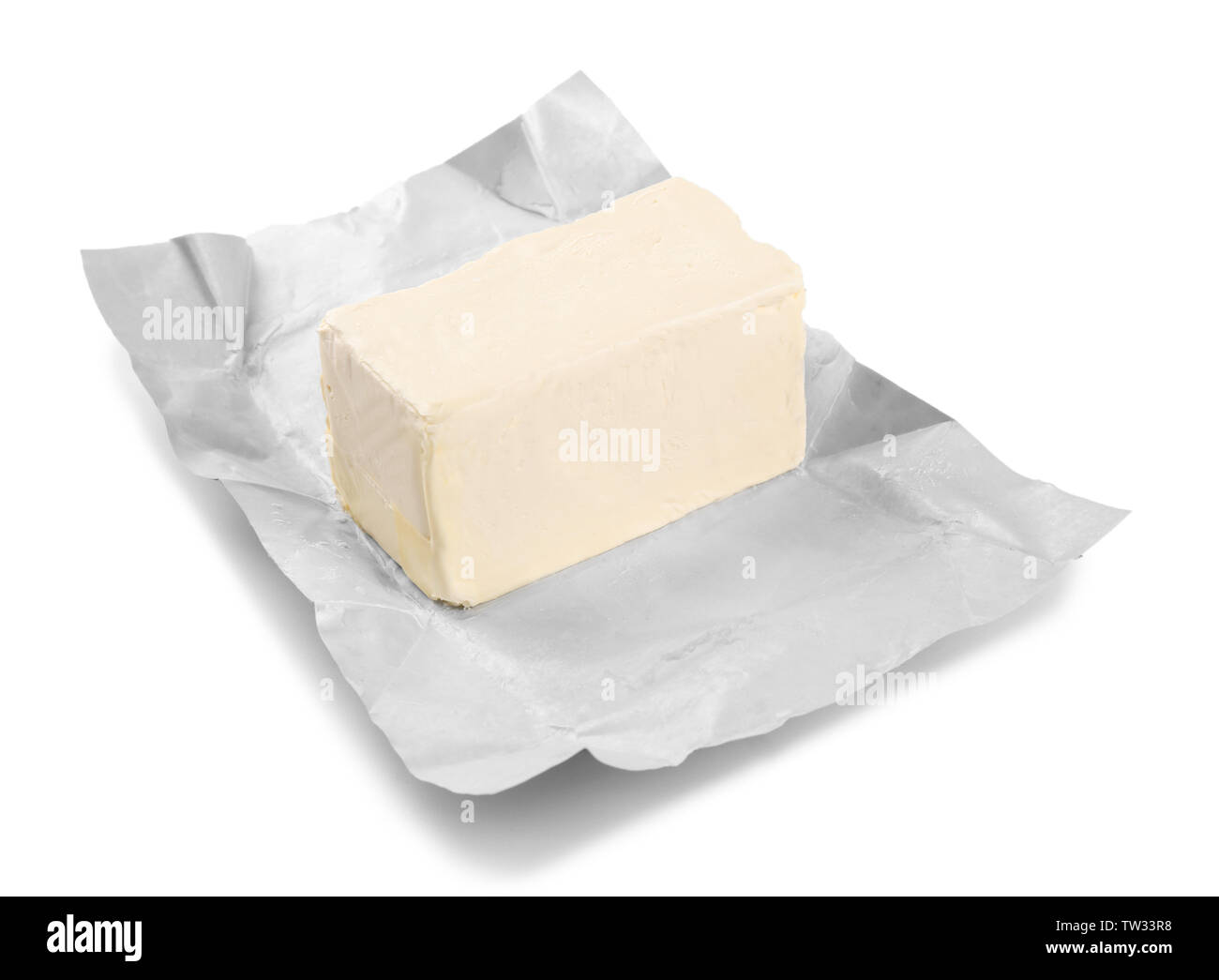 Wrapping with piece of butter on white background Stock Photo - Alamy