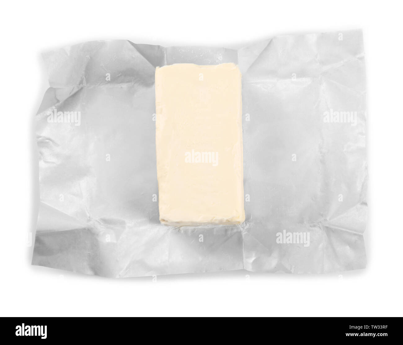 Wrapping with piece of butter on white background Stock Photo - Alamy