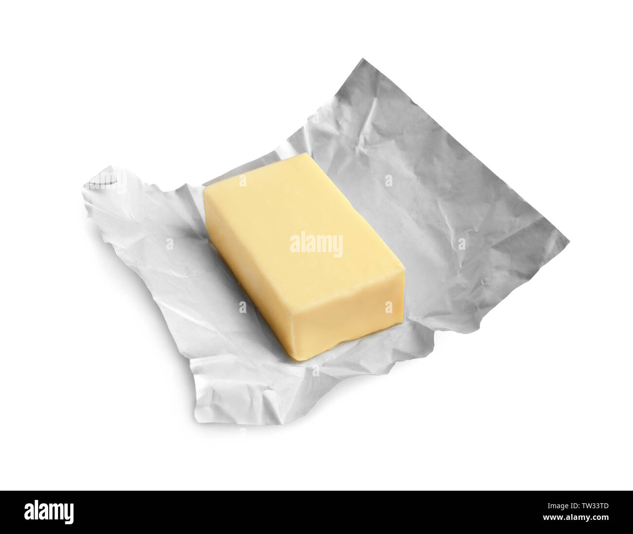 Wrapping with piece of butter on white background Stock Photo - Alamy