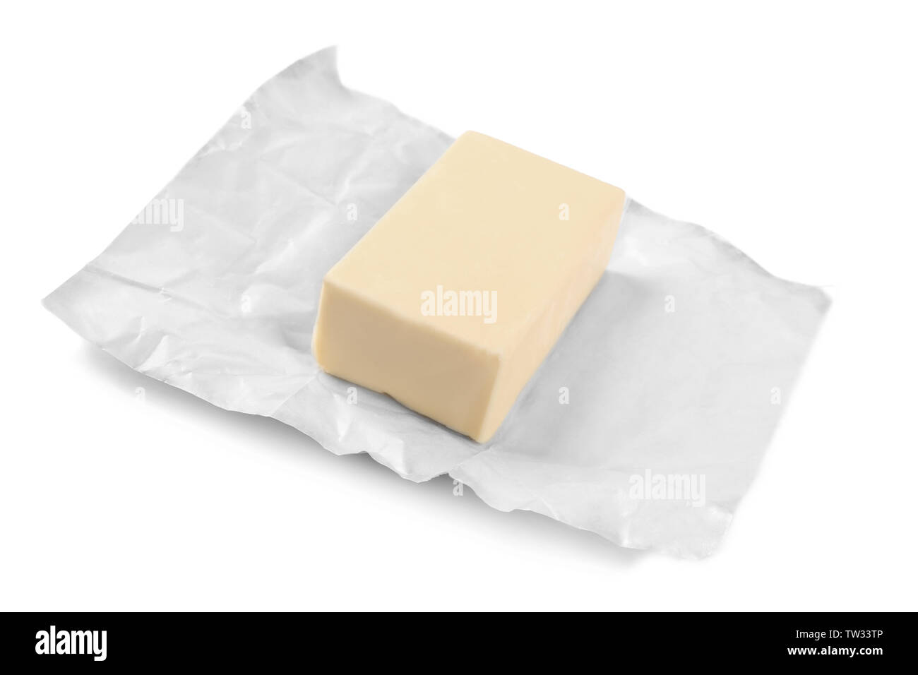 Wrapping with piece of butter on white background Stock Photo - Alamy