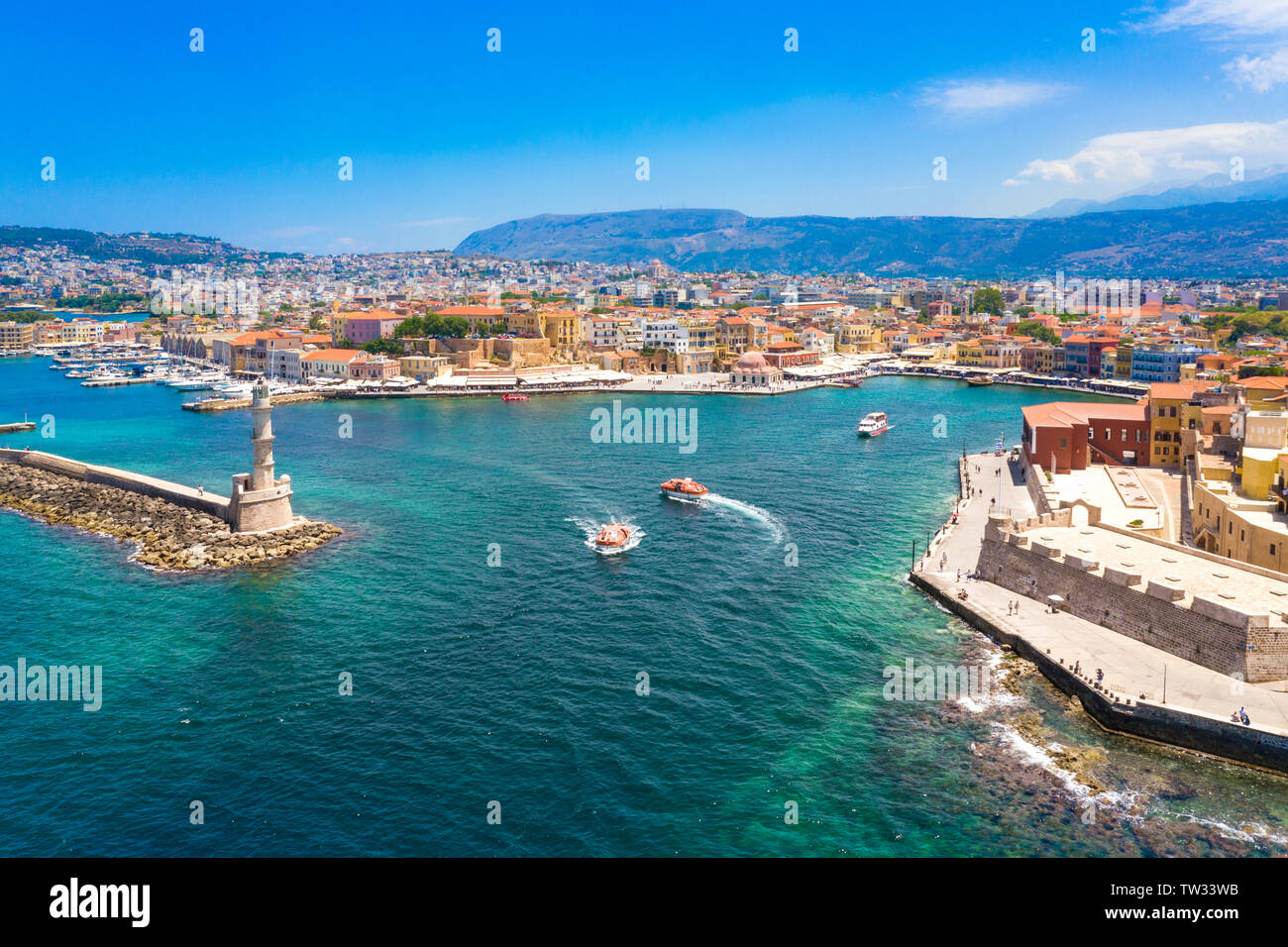 Panorama of the beautiful old harbor of Chania with the amazing ...