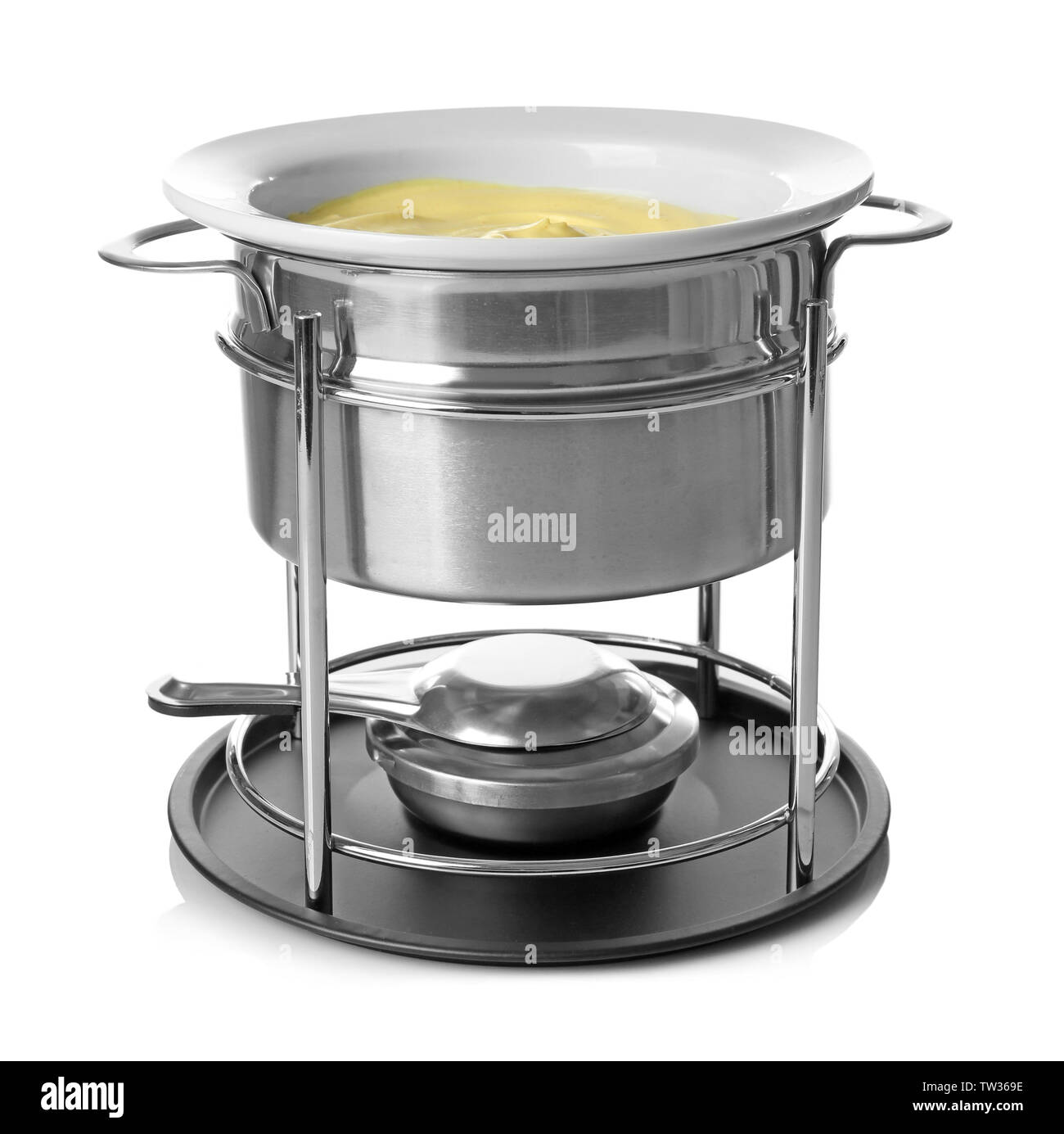 Delicious cheese fondue in pot on white background Stock Photo - Alamy