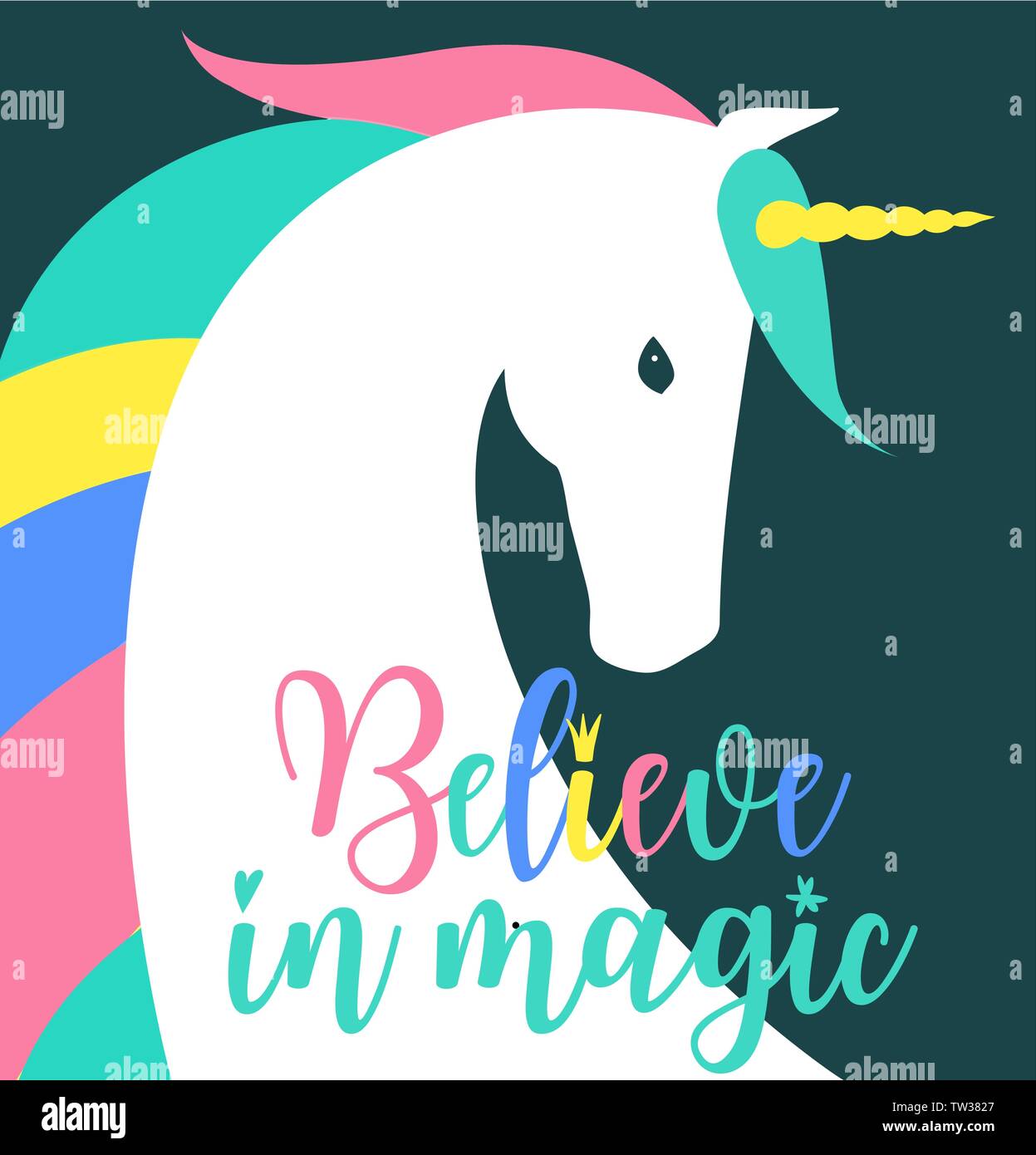 Believe in magic fantasy Illustration. Colored unicorn silhouette ...