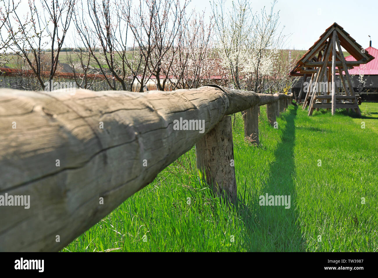 Wooden enclosure in orchard on farm Stock Photo - Alamy