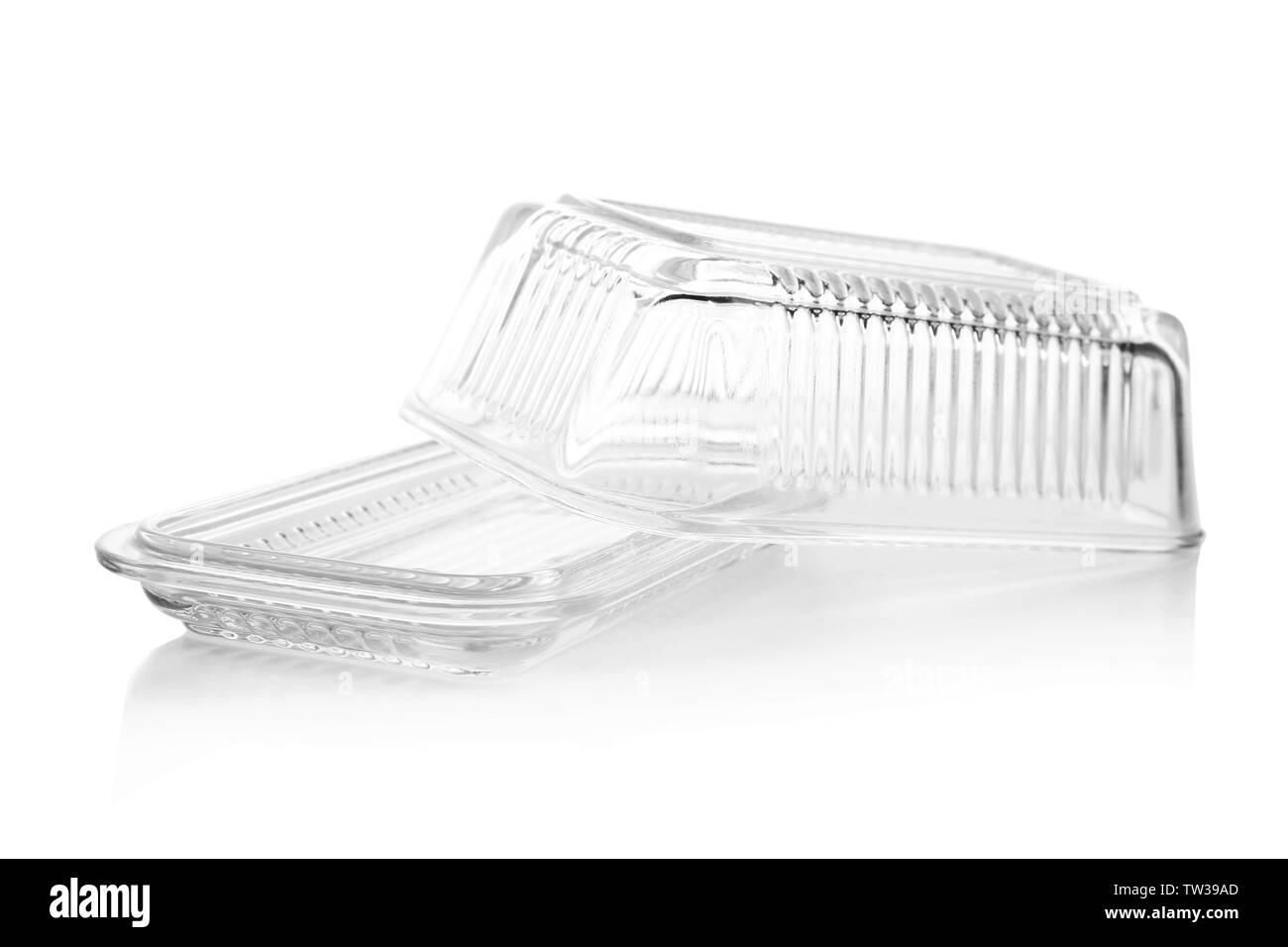 Empty butter dish on white background Stock Photo - Alamy