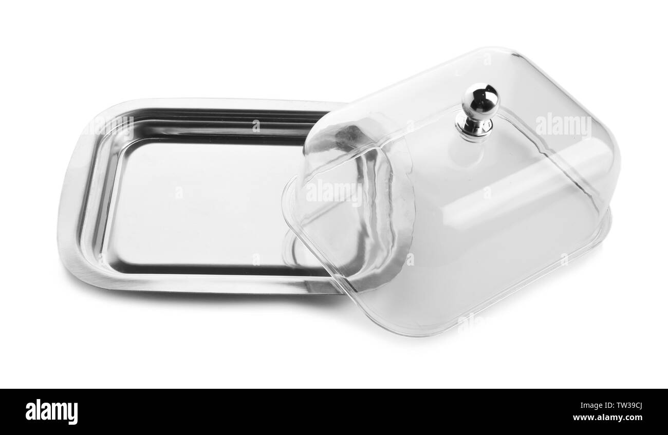 Empty butter dish on white background Stock Photo - Alamy