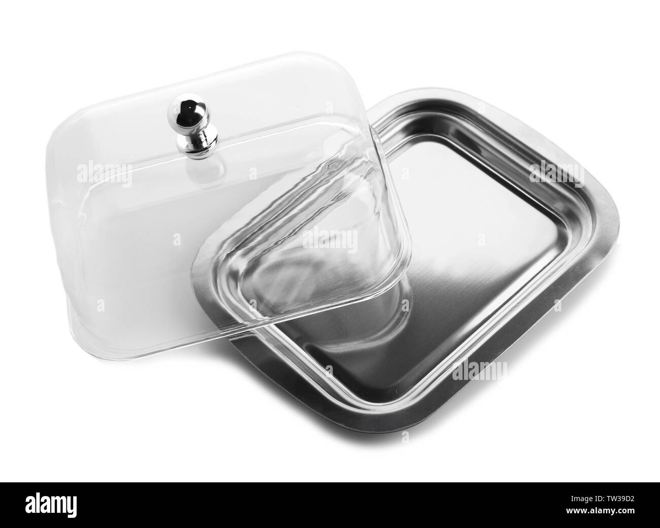 Empty butter dish on white background Stock Photo - Alamy