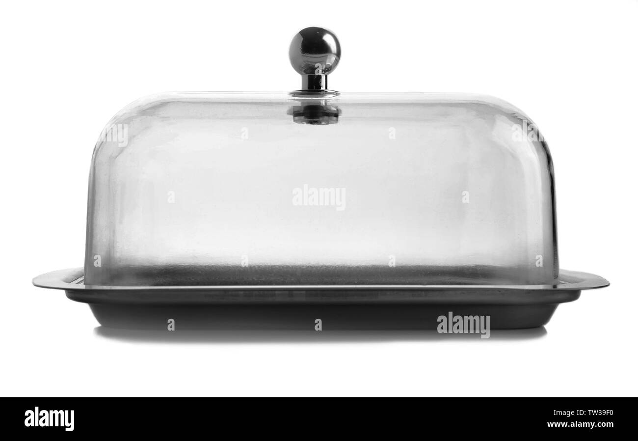 Empty butter dish on white background Stock Photo - Alamy