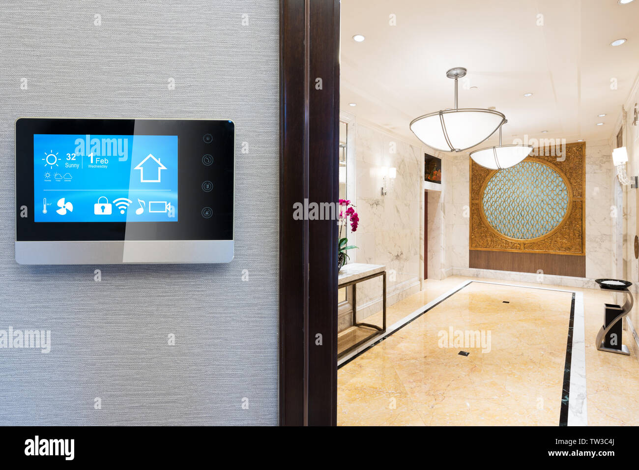smart screen with smart home with modern living room Stock Photo - Alamy