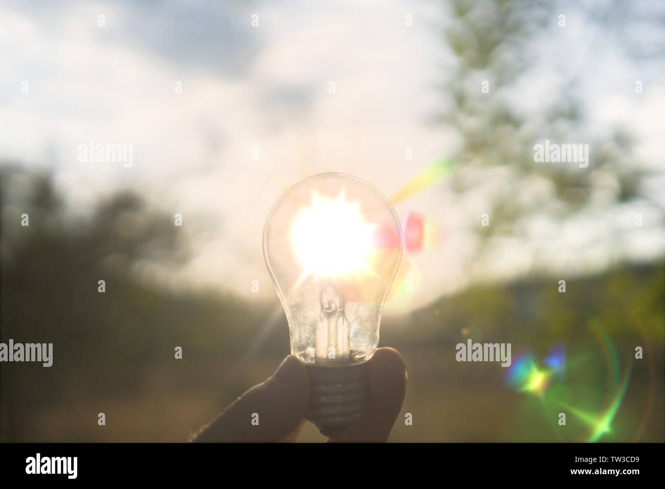 first person view of person hold light bulb outside at the nature ...