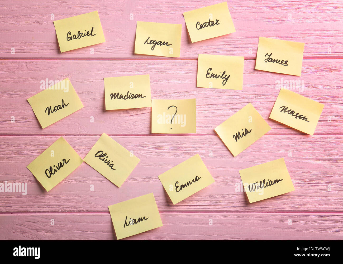 Paper stickers with different names on wooden background. Concept of ...