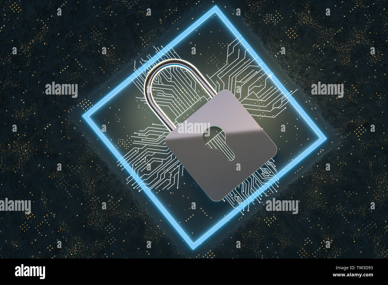 Three-dimensional rendering, metal encryption lock with tech background ...