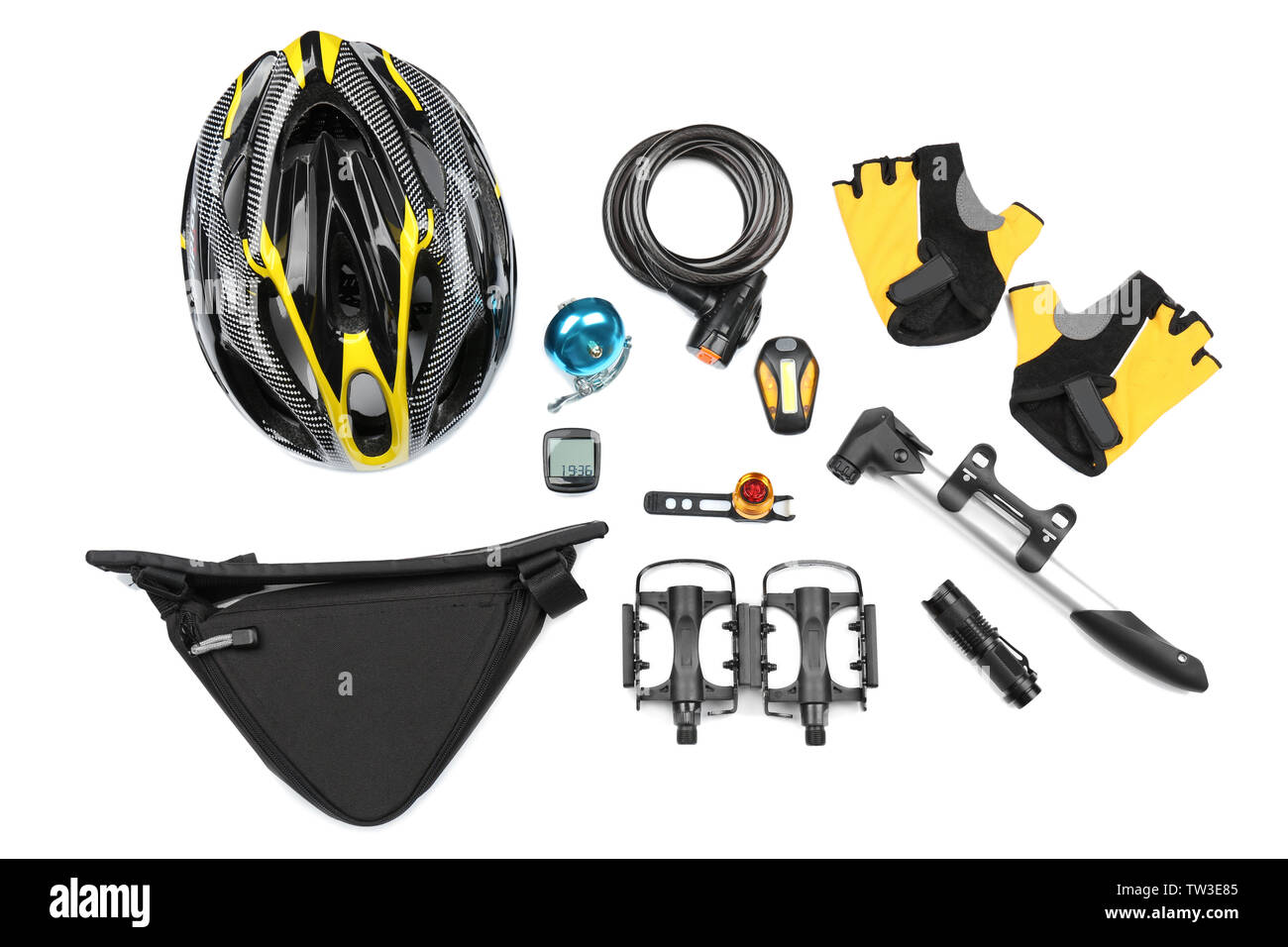 Set of bicycle accessories on white background Stock Photo - Alamy