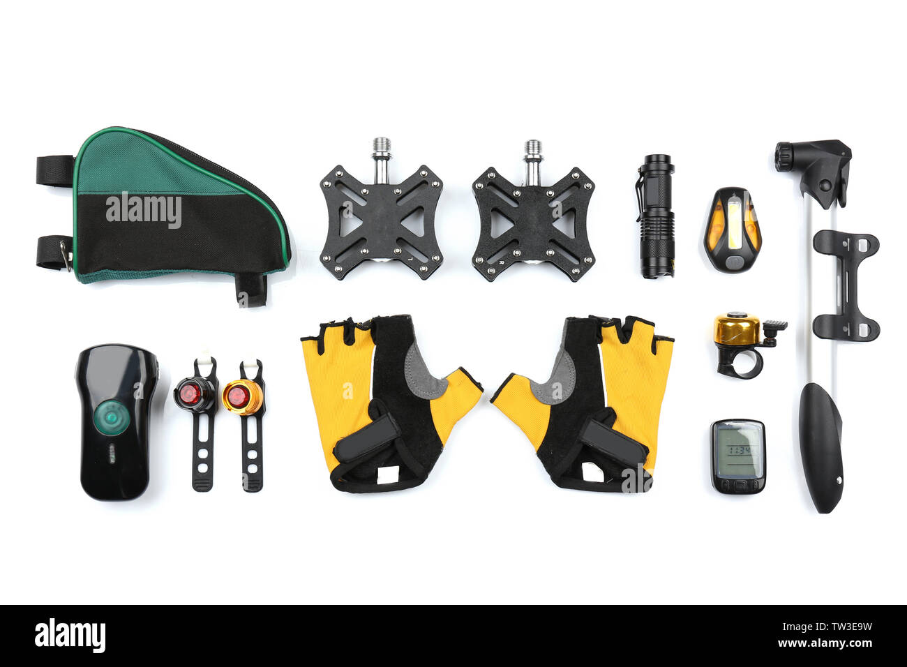 Set of bicycle accessories on white background Stock Photo - Alamy