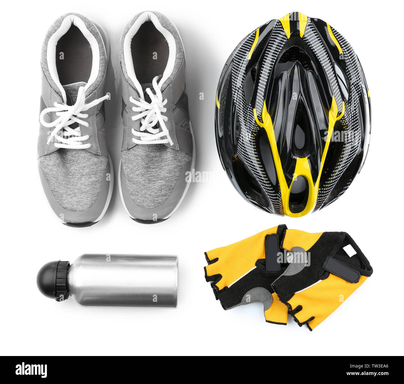 Set of bicycle accessories on white background Stock Photo - Alamy