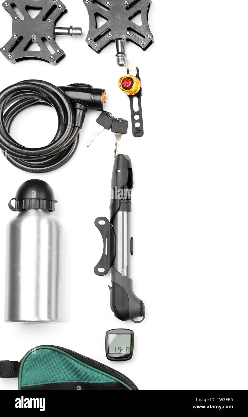 Set of bicycle accessories on white background Stock Photo - Alamy