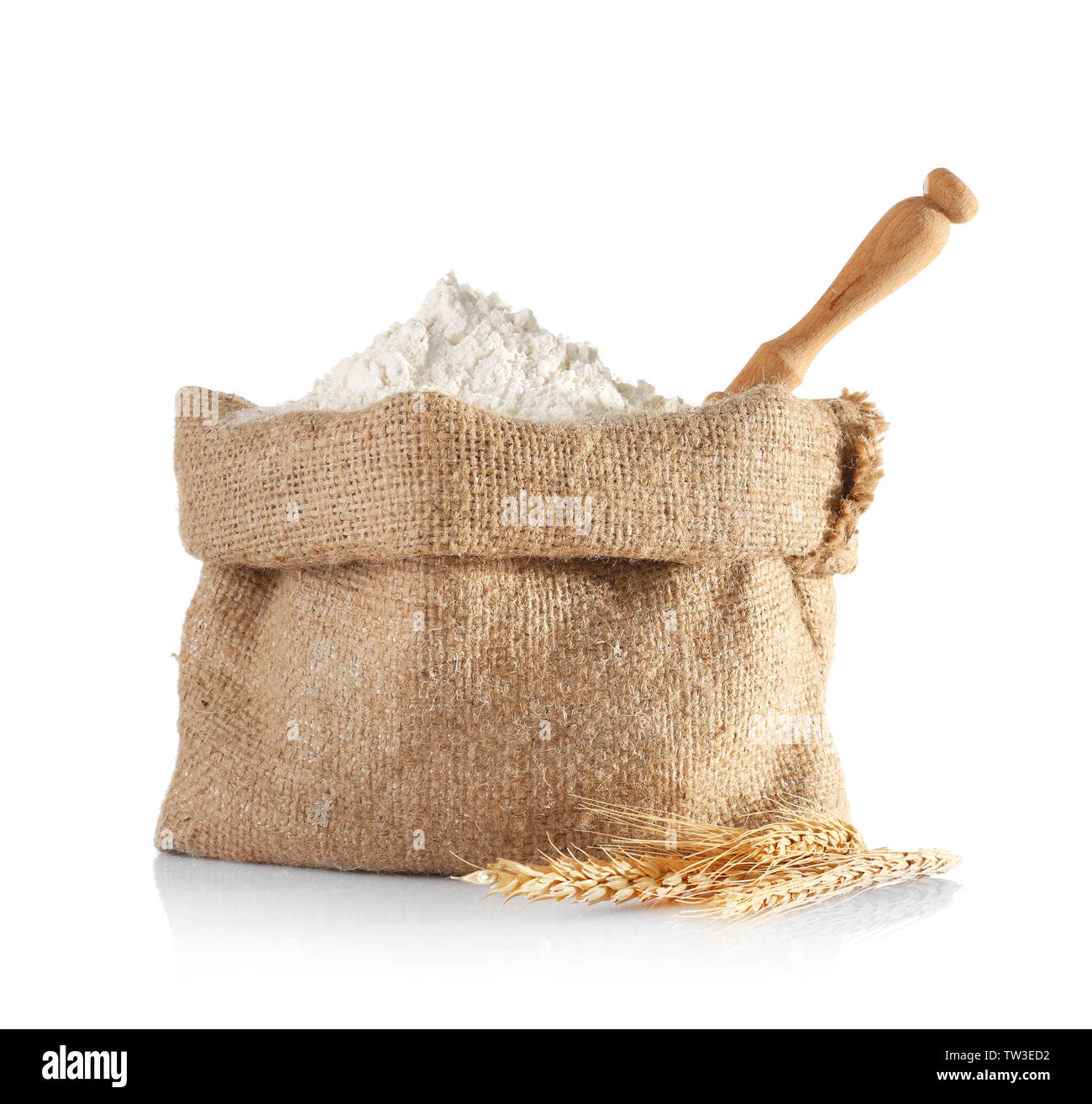 Bag with flour on white background Stock Photo - Alamy