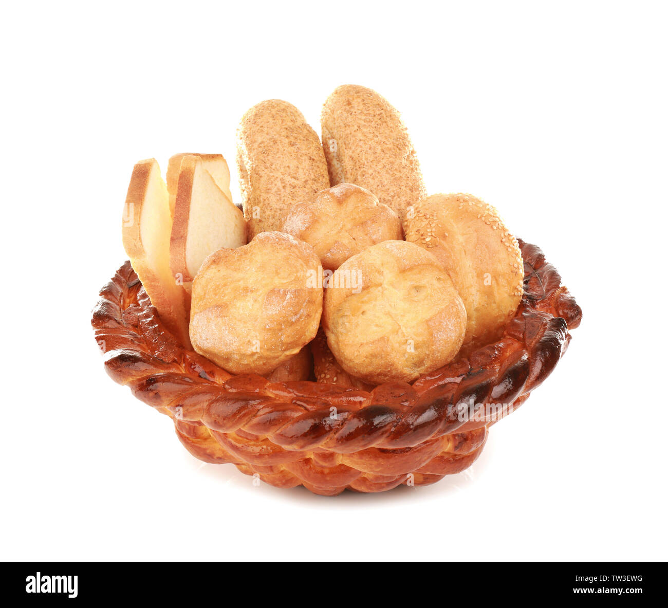 Braided bread basket with delicious buns on white background Stock ...