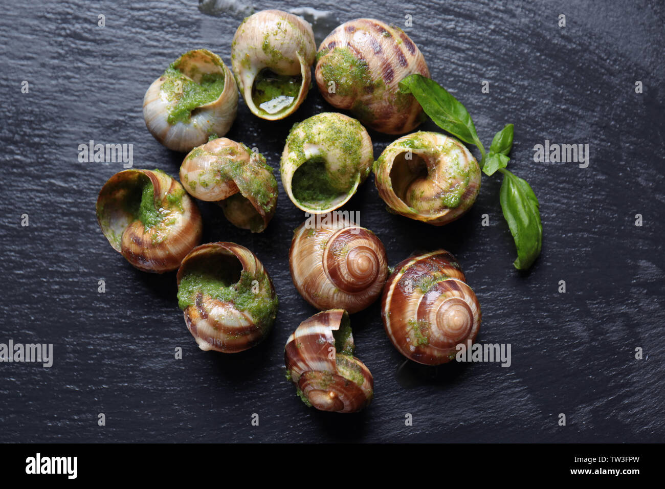 Delicious snails in green sauce on dark table Stock Photo - Alamy
