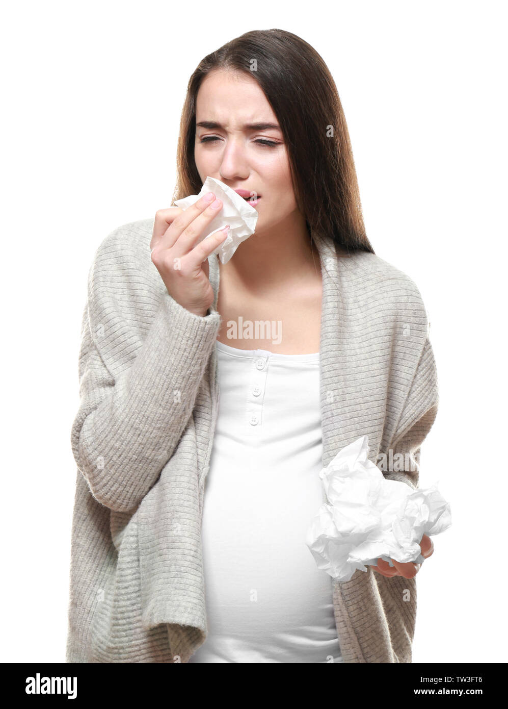 Crying pregnant woman on white background Stock Photo - Alamy