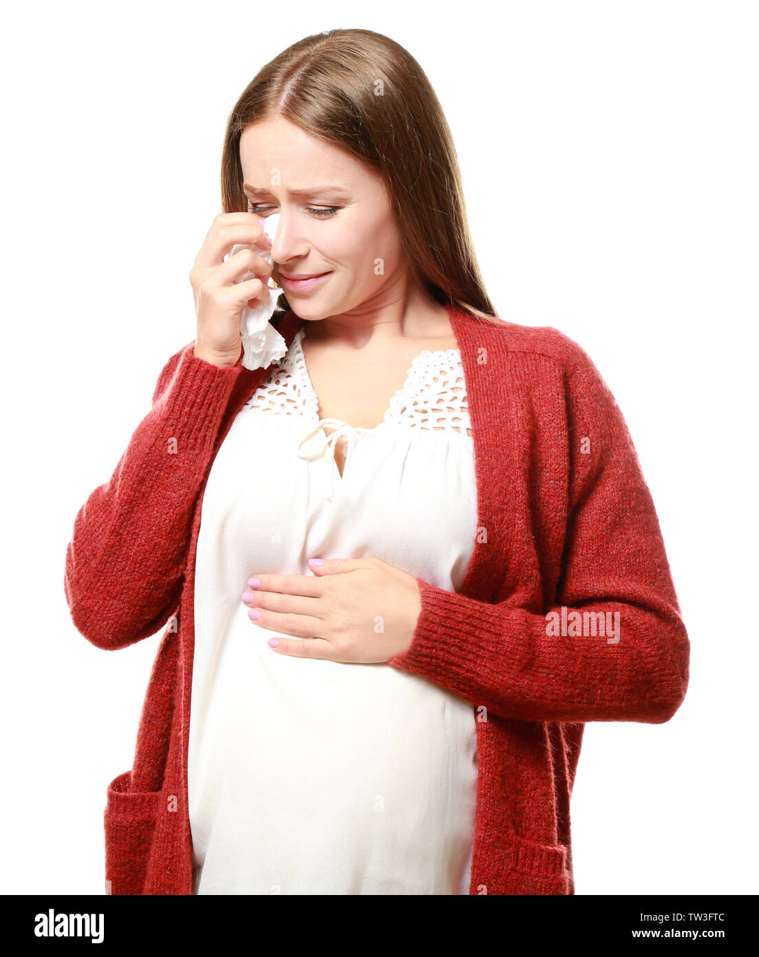 Crying pregnant woman on white background Stock Photo - Alamy
