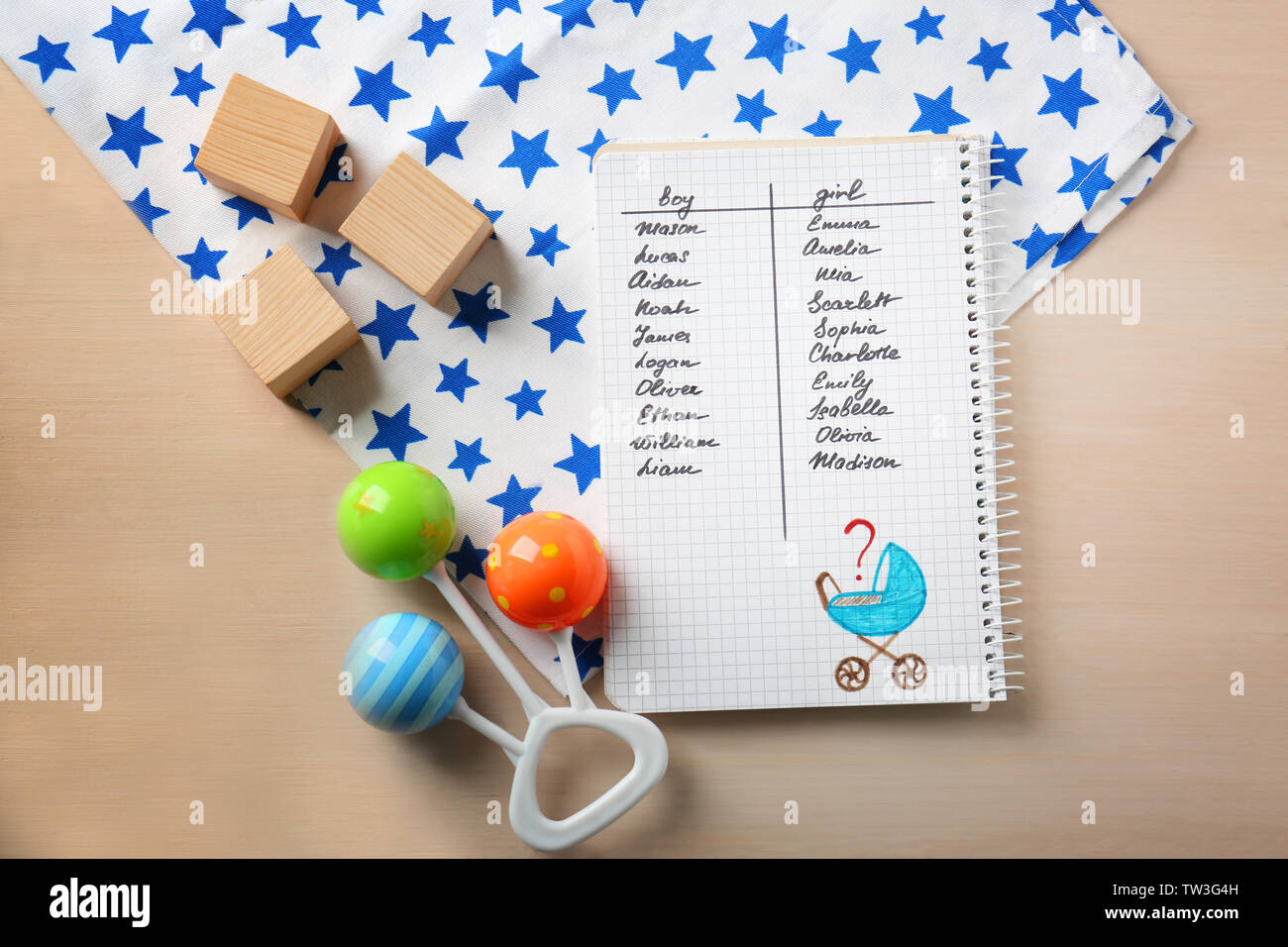 Composition with list of baby names in notebook on wooden background ...