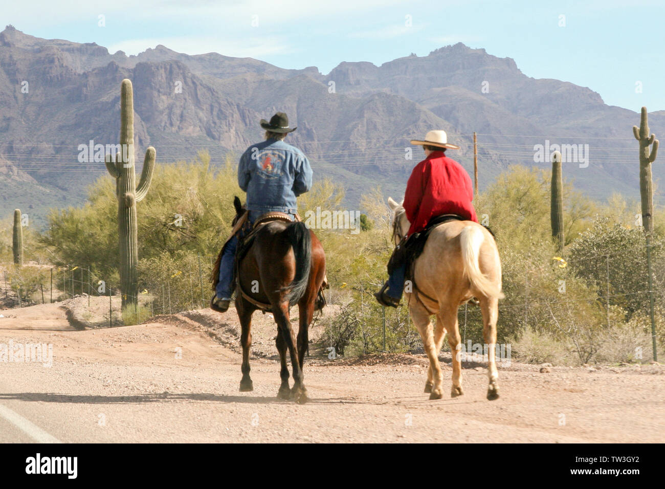 Men riding horseback along a road in Arizona Stock Photo - Alamy