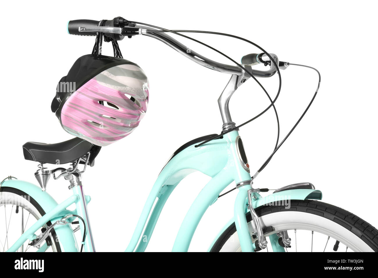 Modern two-wheeled bicycle with helmet on white background Stock Photo ...