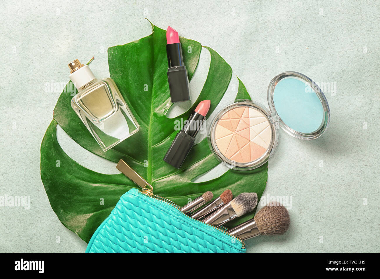Composition with cosmetics and green tropical leaf on light background ...