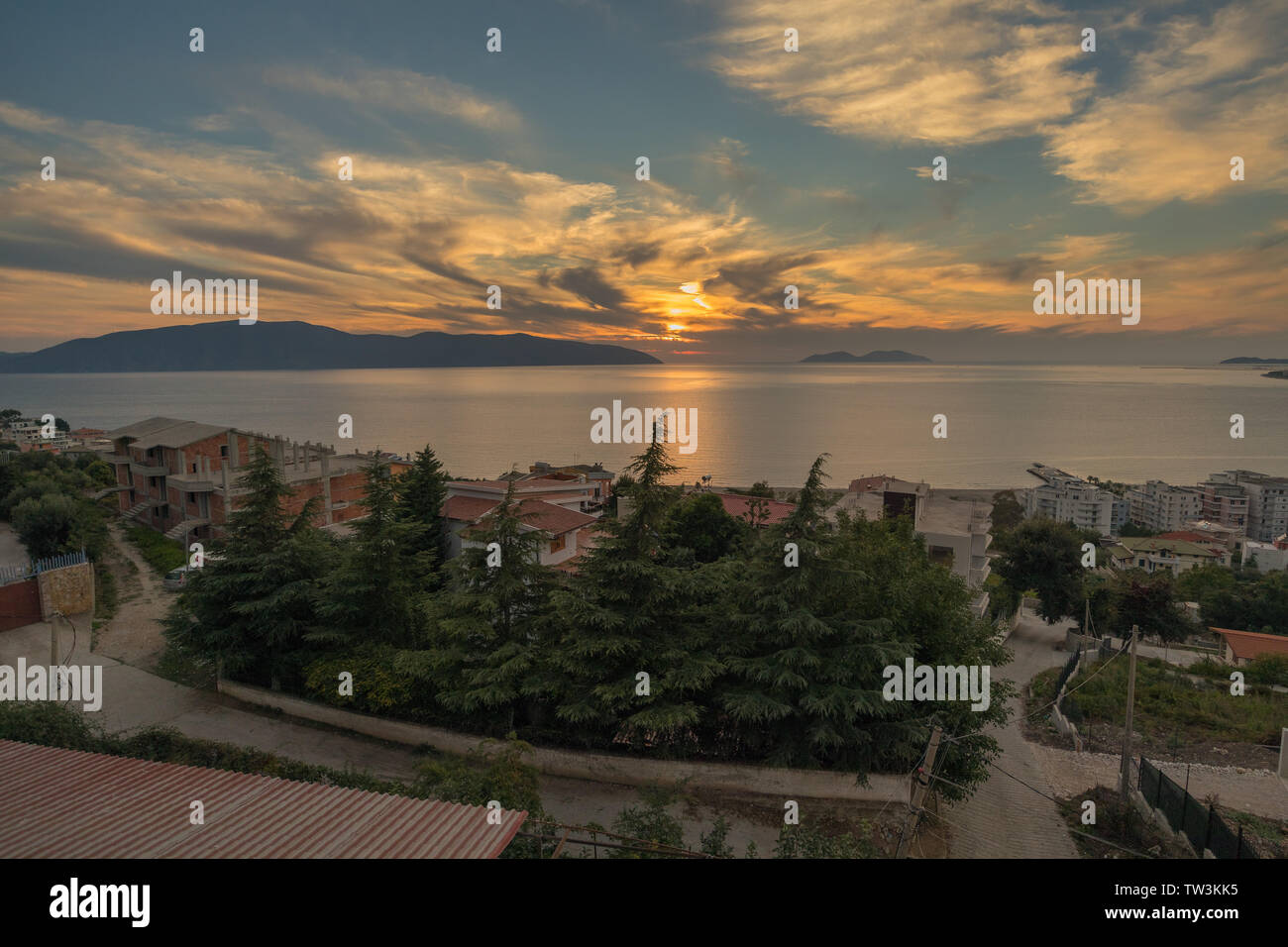 Sunset over Vlora Bay, Albania Stock Photo - Alamy