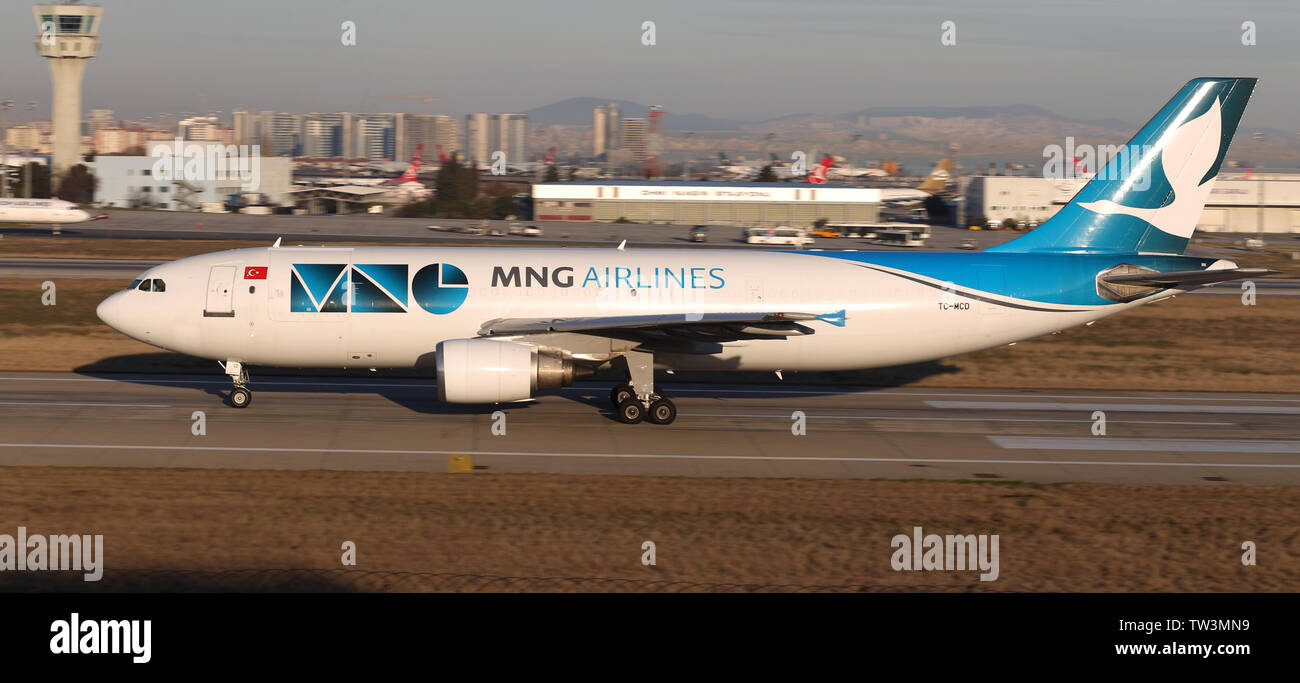 ISTANBUL, TURKEY - MARCH 17, 2019: MNG Airlines Airbus A300-605RF (CN 521) takes off from ...