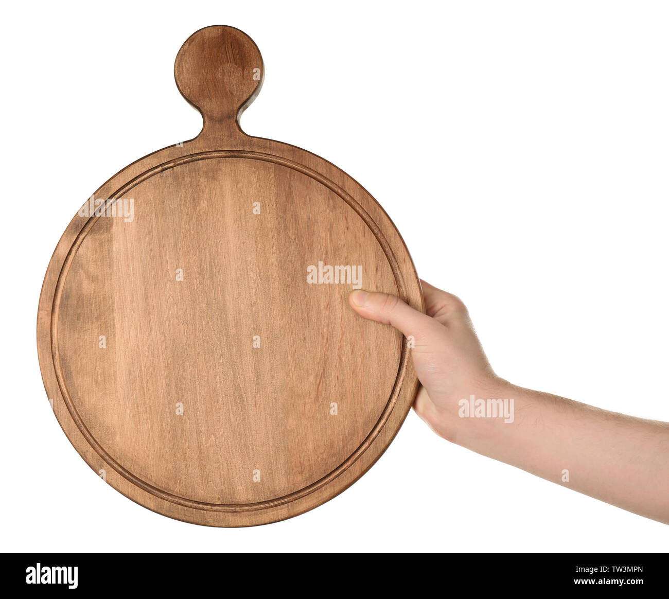 Female hand holding wooden board on white background Stock Photo - Alamy