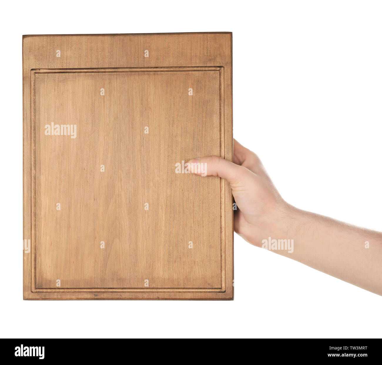 Female hand holding wooden board on white background Stock Photo - Alamy