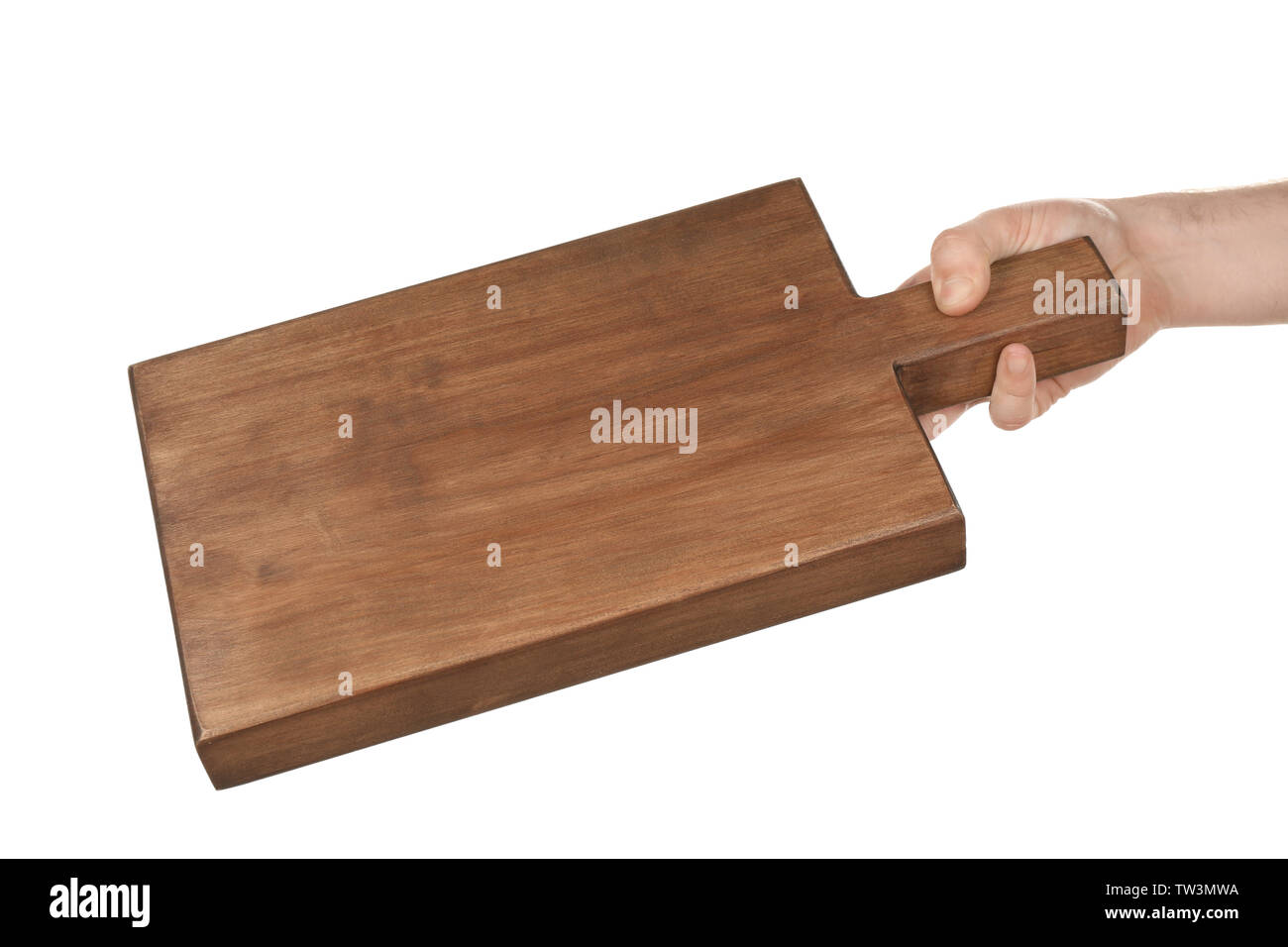 Female hand holding wooden board on white background Stock Photo - Alamy