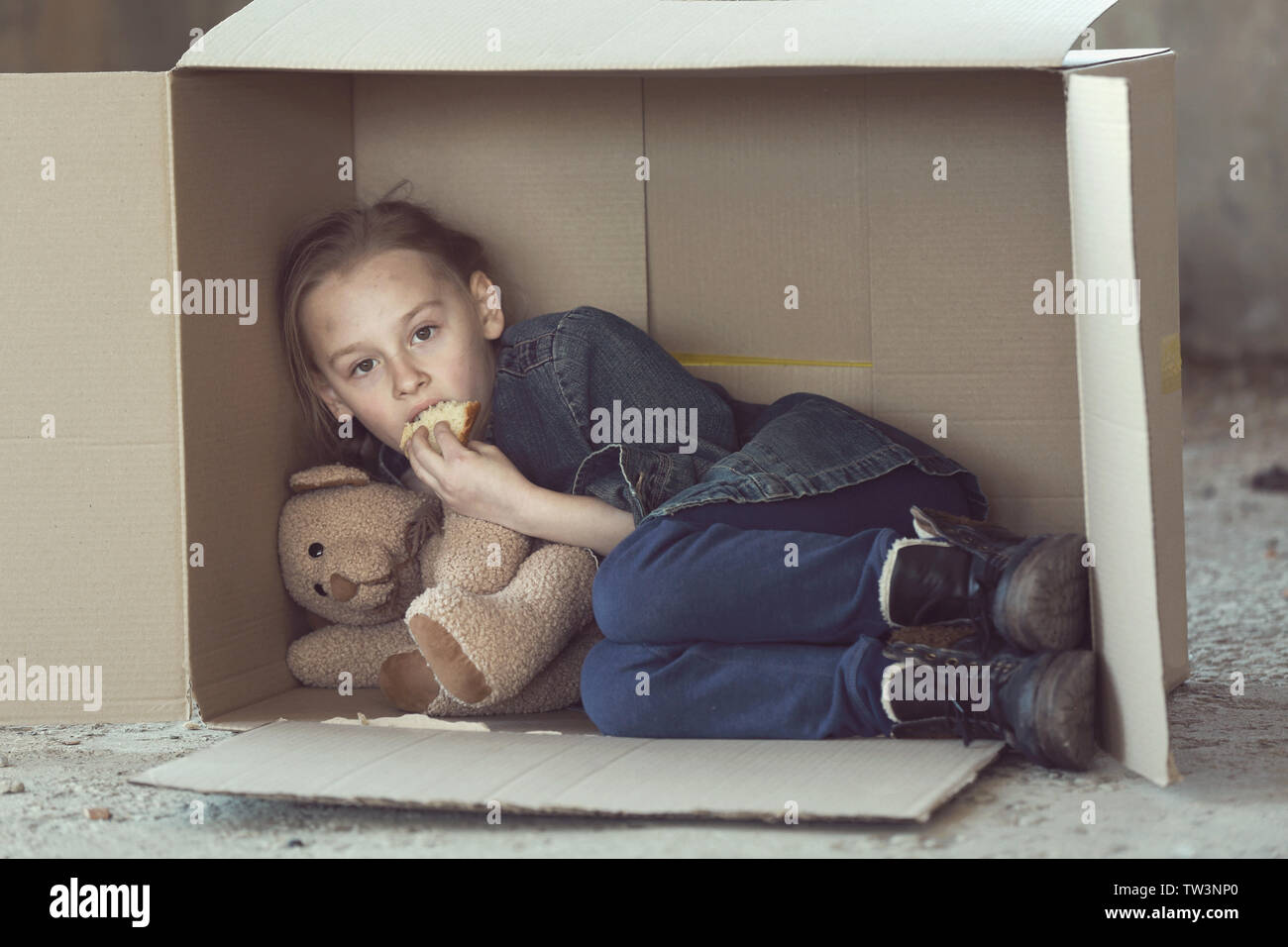 Poor little girl lying in cardboard box and eating bread Stock Photo ...