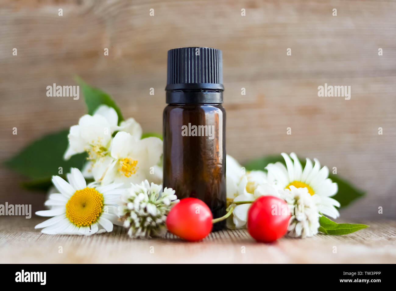 Perfume essence aromatic oil glass bottle with flower blossoms close up ...