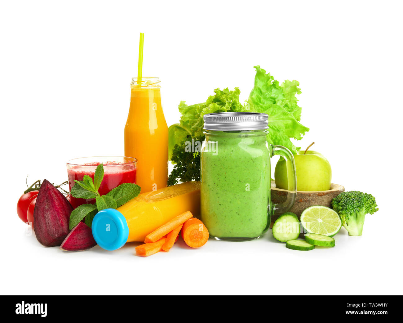 Fresh smoothies with fruits and vegetables on white background Stock ...