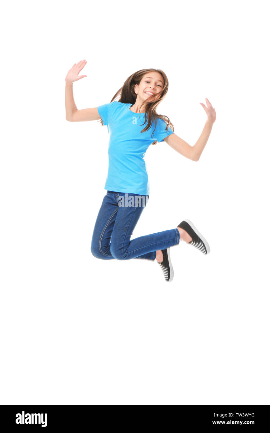 Cute jumping girl on white background Stock Photo - Alamy