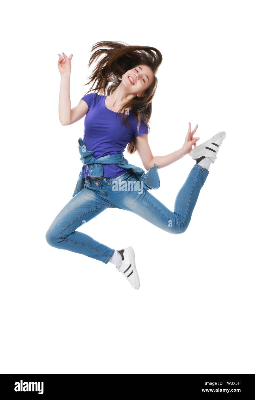Cute jumping girl on white background Stock Photo - Alamy