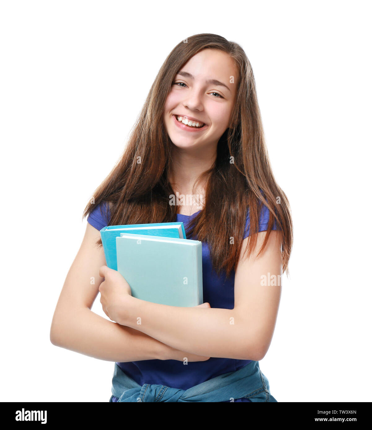 Cute pretty girl with books on white background Stock Photo - Alamy