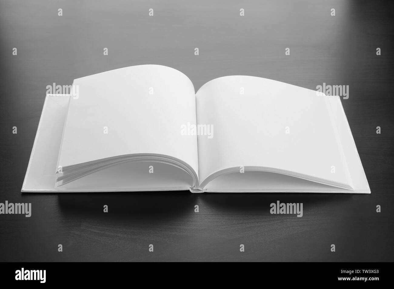 Blank pages of opened book on black background Stock Photo - Alamy