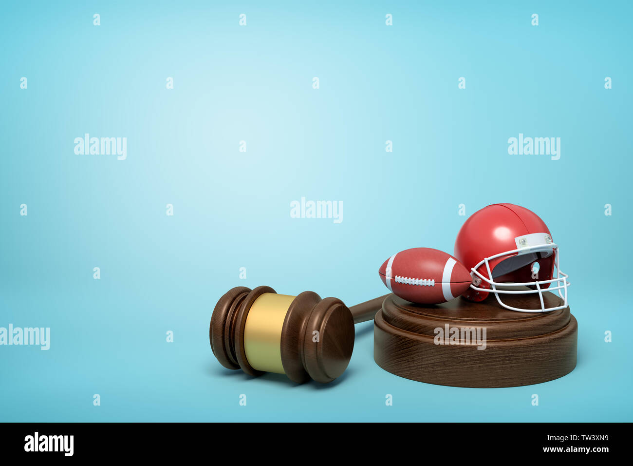 3d rendering of ball and helmet for American football on sounding block ...