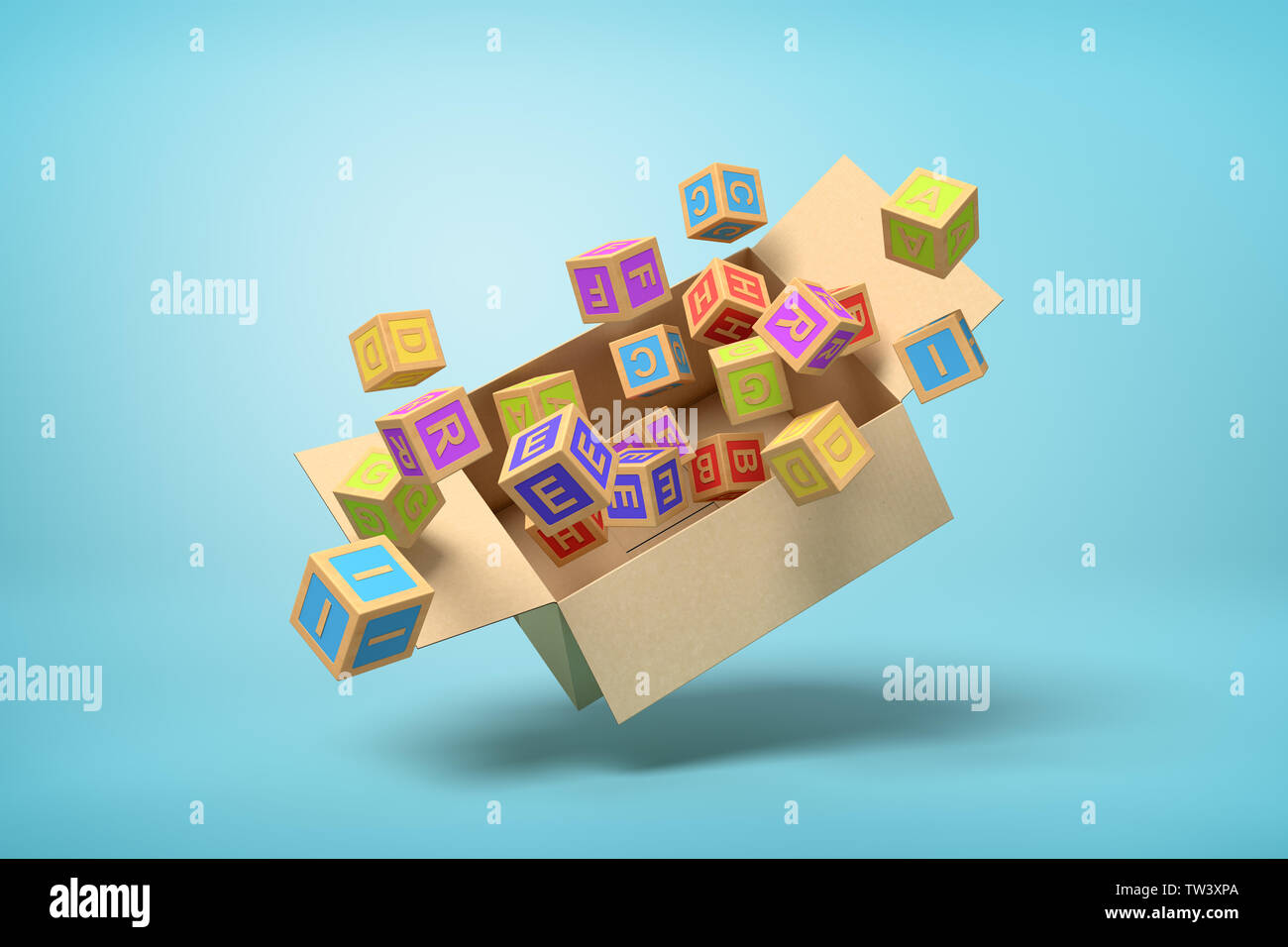 3d rendering of cardboard box full of ABC blocks in mid-air on light ...
