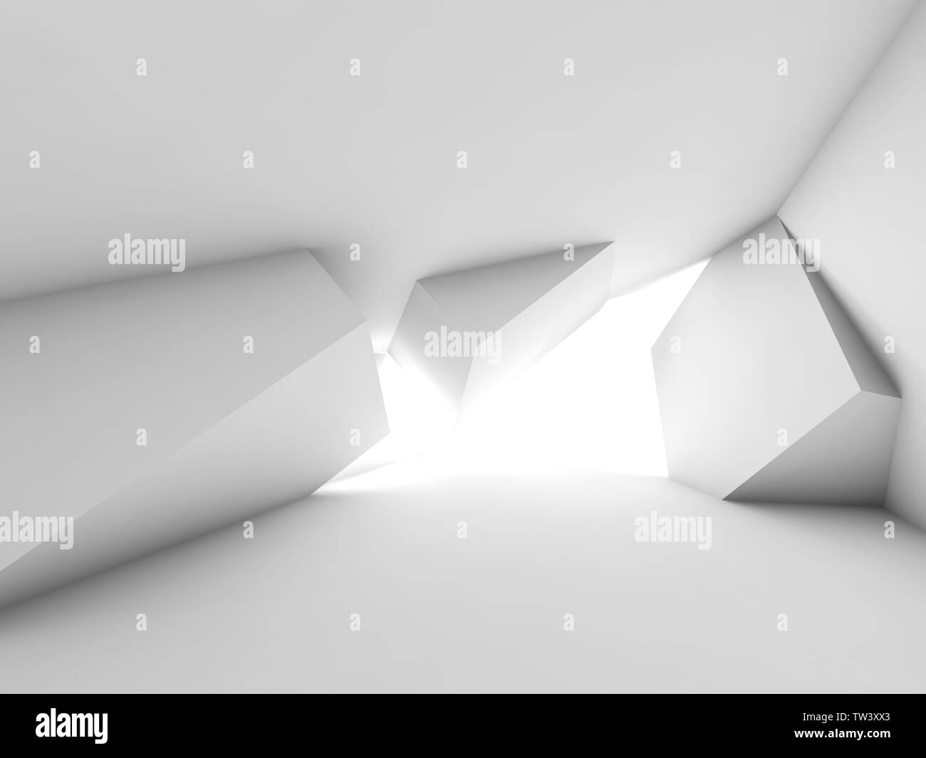 Abstract geometric installation in an empty white room interior ...