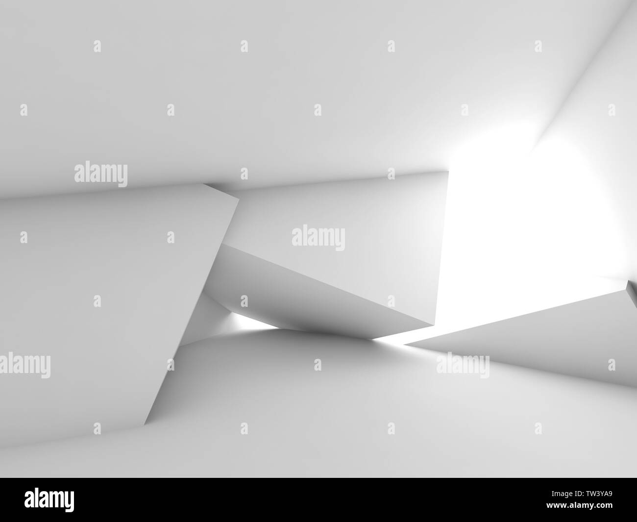 Abstract empty white room interior with geometric installation, minimal ...